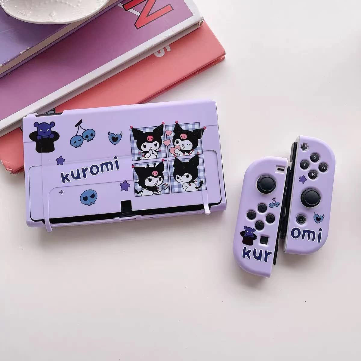 Cute Kuromi Case Compatible with Nintendo Switch OLED, Dockable Case Cover, Ergonomic Soft TPU Grip Case for Joycon, Sparkle Skin Set