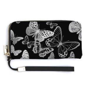 silver white flying butterflies luxury gold foil butterfly on black soft pu leather clutch long bifold wallet, coin purse credit pass case, unisex durable card-holder slim billfold money storage