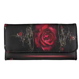 howilath red rose flower pattern women trifold wallet large capacity credit card holder organizer clutch purse travel money bags