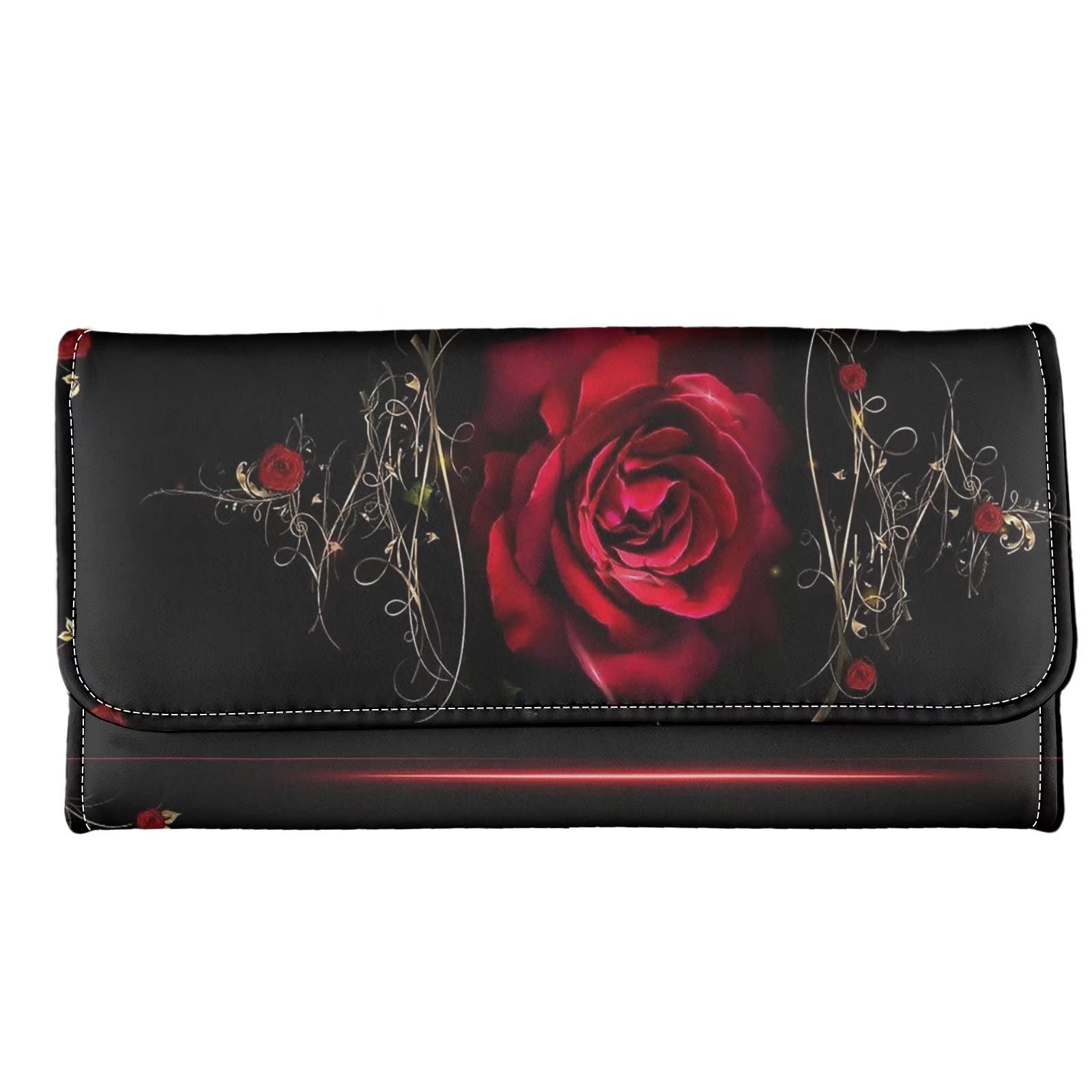 Howilath Red Rose Flower Pattern Women Trifold Wallet Large Capacity Credit Card Holder Organizer Clutch Purse Travel Money Bags