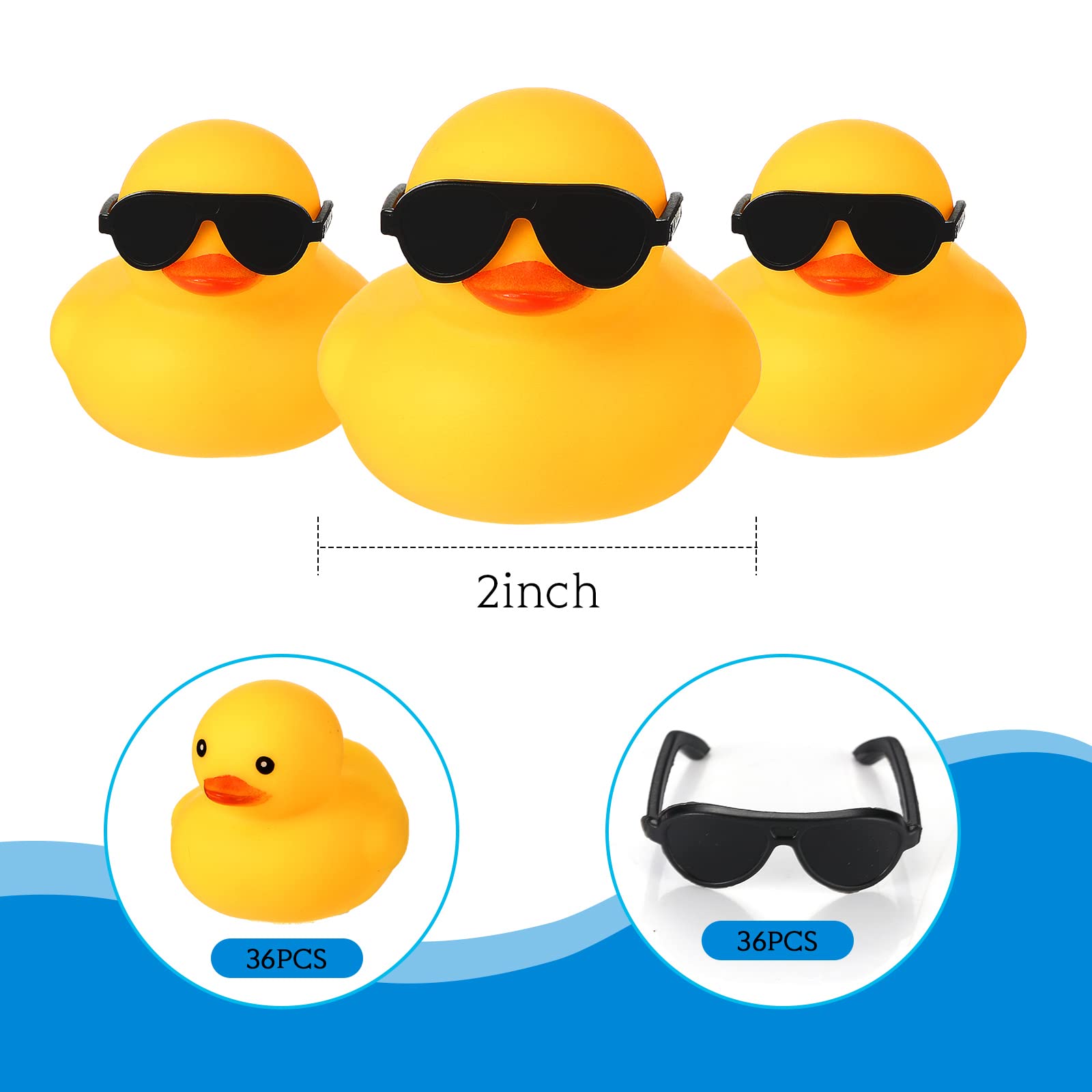 Chivao 36 Pcs Mini Rubber Ducks with 36 Sunglasses Rubber Ducks in Bulk Bathtub Duckies Toys for Kids Christmas Valentine's Day Gifts Birthday Party Favors Cruise(Yellow, Duck with Sunglasses)