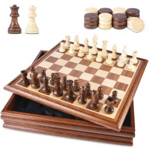 vamslove chess and checkers board game sets for adults wooden deluxe 15 inch wood board box with storage, classic 2 in 1 large size with chess pieces - 3” king height - 2 extra queens