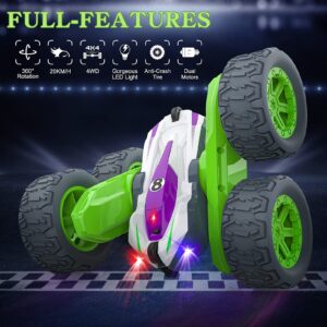 Remote Control Car for Boys 4-7, Rc Cars 2.4GHz 4WD Double Sided 360 Rotating with Sharp Dual-Color Headlights, Rc Stunt Car Birthday Xmas Gift for Boys Girls Kids 3 4 5 6 7 8-12 Years Old-Green