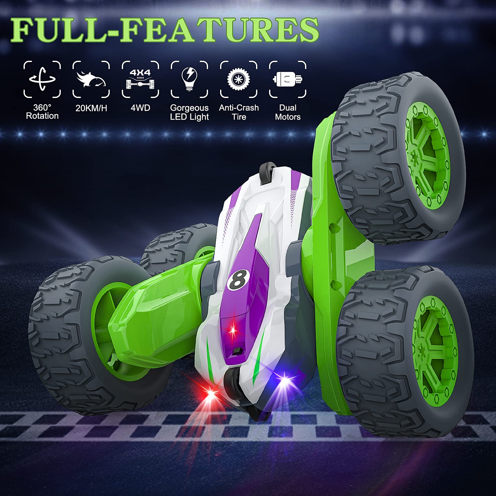 Remote Control Car for Boys 4-7, Rc Cars 2.4GHz 4WD Double Sided 360 Rotating with Sharp Dual-Color Headlights, Rc Stunt Car Birthday Xmas Gift for Boys Girls Kids 3 4 5 6 7 8-12 Years Old-Green