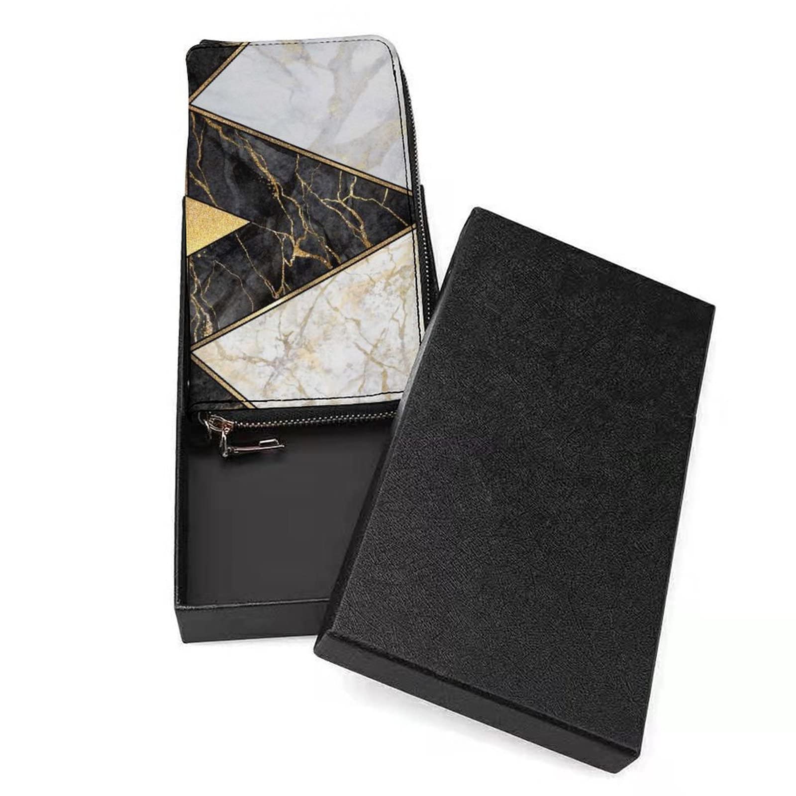 Modern Marbling Gold Black White Marble Geometric Triangle Granite Soft PU Leather Clutch Long Bifold Wallet, Coin Purse Credit Pass Case, Unisex Durable Card-Holder Slim Billfold Money Storage