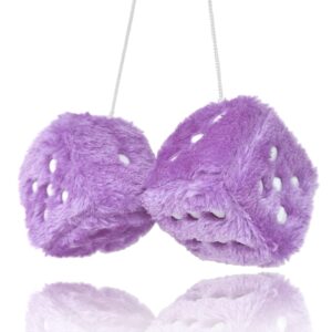 pair 3” purple with white dots mirror fuzzy plush dice, purple and white soft plush car decorative hanging ornament.