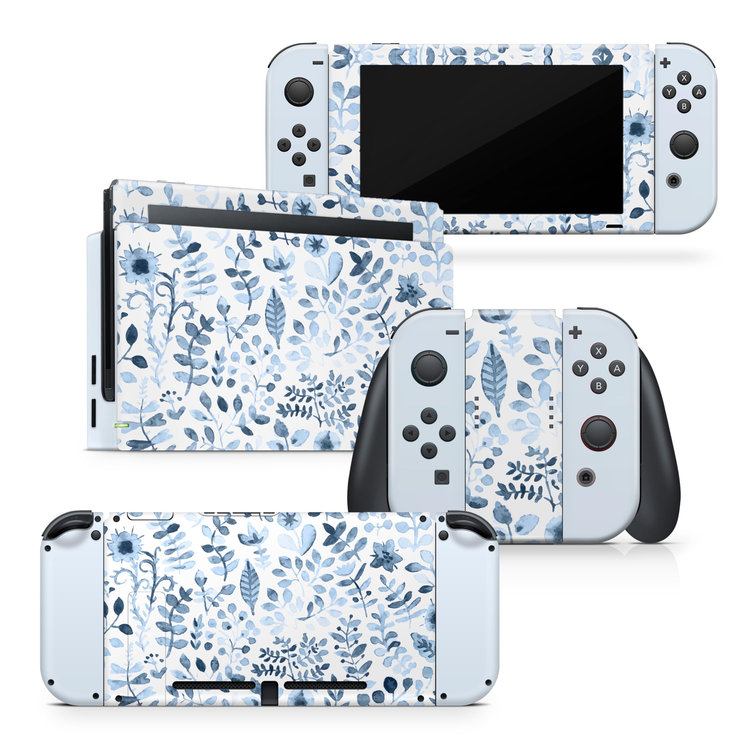 Tacky Design Flowers Skin Compatible with Nintendo Switch Skin Wrap Cover, Blue Color for Nintendo Switch Stickers, Premium Vinyl 3M Full Wrap Decal, Compatible with Joy-Con, Console, Dock.