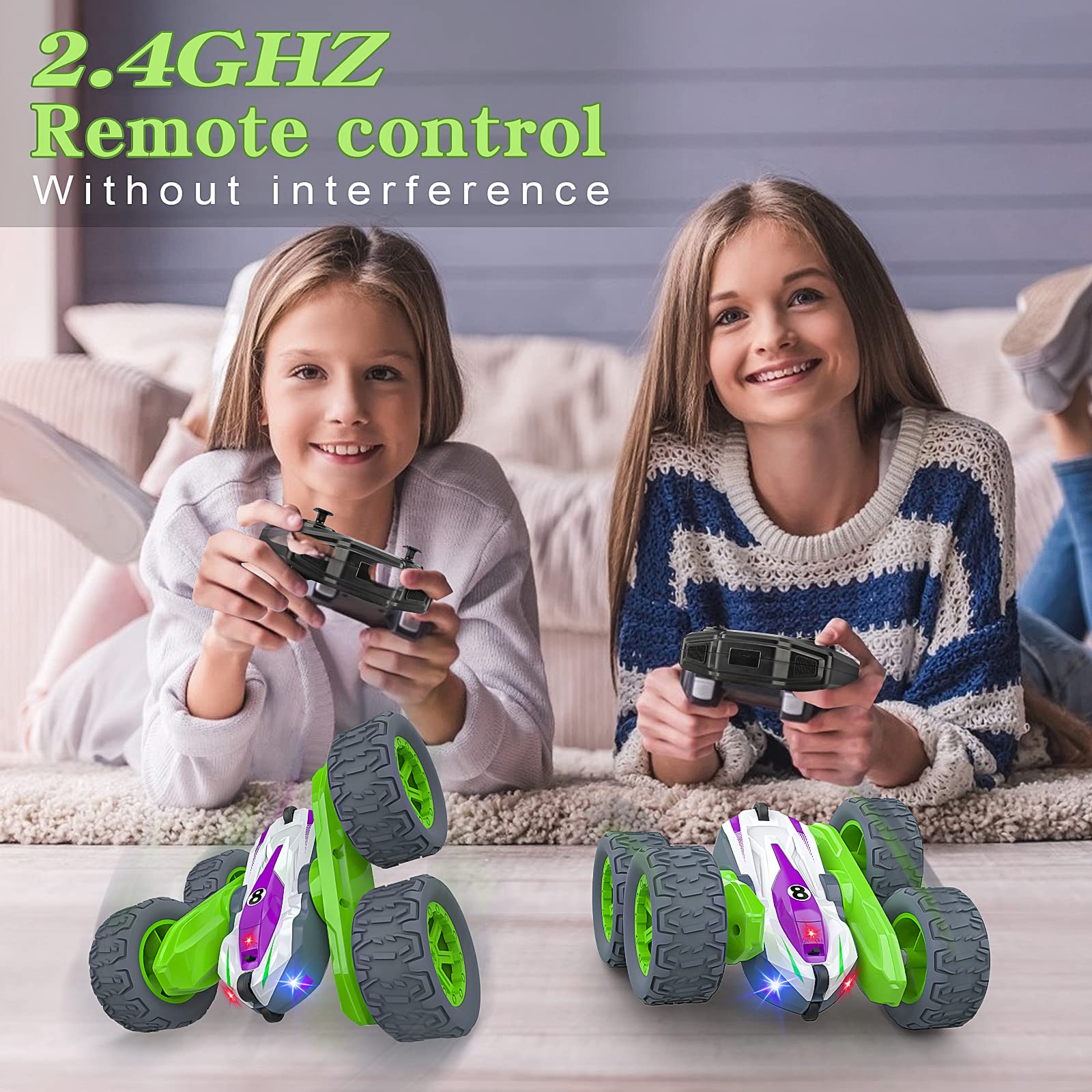 Remote Control Car for Boys 4-7, Rc Cars 2.4GHz 4WD Double Sided 360 Rotating with Sharp Dual-Color Headlights, Rc Stunt Car Birthday Xmas Gift for Boys Girls Kids 3 4 5 6 7 8-12 Years Old-Green