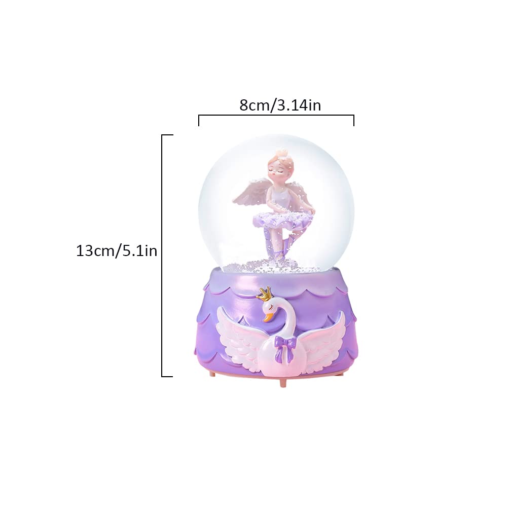 Ballerina Girl Swan Lake Musical Snow Globe, 80MM Glass Snowglobe Ballet Dancer Music Box with Colorful Lights for Girls Kids Daughter Granddaughter(Purple)