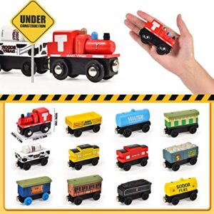 Atoylink 12Pcs Wooden Train Set Magnetic Train Toys for Toddlers Kids Engine Vehicles Toy Train Cars for Boys Girls Compatible with Train Tracks