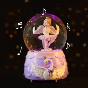 Ballerina Girl Swan Lake Musical Snow Globe, 80MM Glass Snowglobe Ballet Dancer Music Box with Colorful Lights for Girls Kids Daughter Granddaughter(Purple)