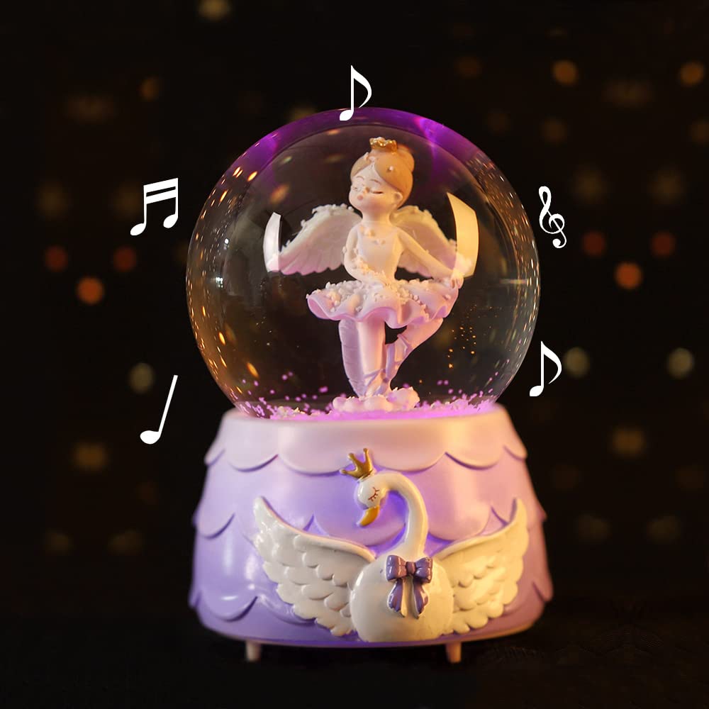 Ballerina Girl Swan Lake Musical Snow Globe, 80MM Glass Snowglobe Ballet Dancer Music Box with Colorful Lights for Girls Kids Daughter Granddaughter(Purple)