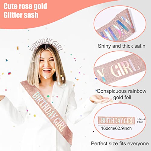 Birthday Crowns for Women, Birthday Girl Sash and Birthday Tiara for Women Girls Set, Birthday Girl Headband Princess Rhinestone Crown,Sweet Happy Birthday Party Decorations Hair Accessories,Rose Gold