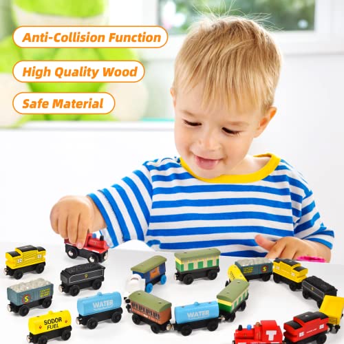 Atoylink 12Pcs Wooden Train Set Magnetic Train Toys for Toddlers Kids Engine Vehicles Toy Train Cars for Boys Girls Compatible with Train Tracks