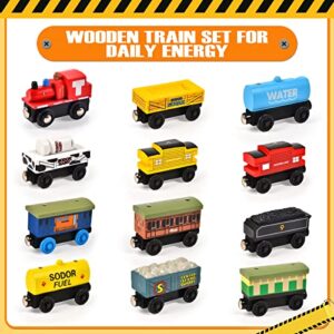 Atoylink 12Pcs Wooden Train Set Magnetic Train Toys for Toddlers Kids Engine Vehicles Toy Train Cars for Boys Girls Compatible with Train Tracks