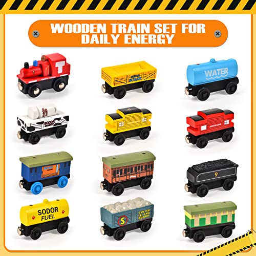 Atoylink 12Pcs Wooden Train Set Magnetic Train Toys for Toddlers Kids Engine Vehicles Toy Train Cars for Boys Girls Compatible with Train Tracks