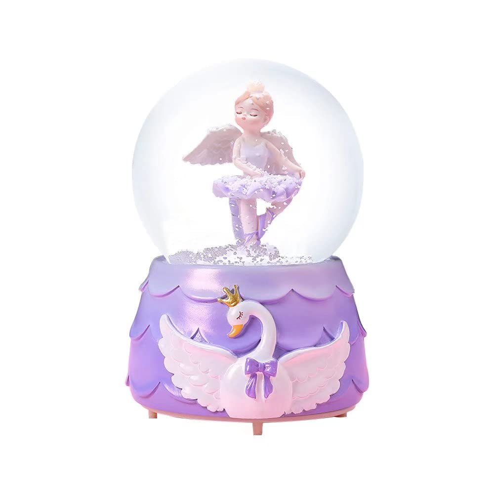 Ballerina Girl Swan Lake Musical Snow Globe, 80MM Glass Snowglobe Ballet Dancer Music Box with Colorful Lights for Girls Kids Daughter Granddaughter(Purple)