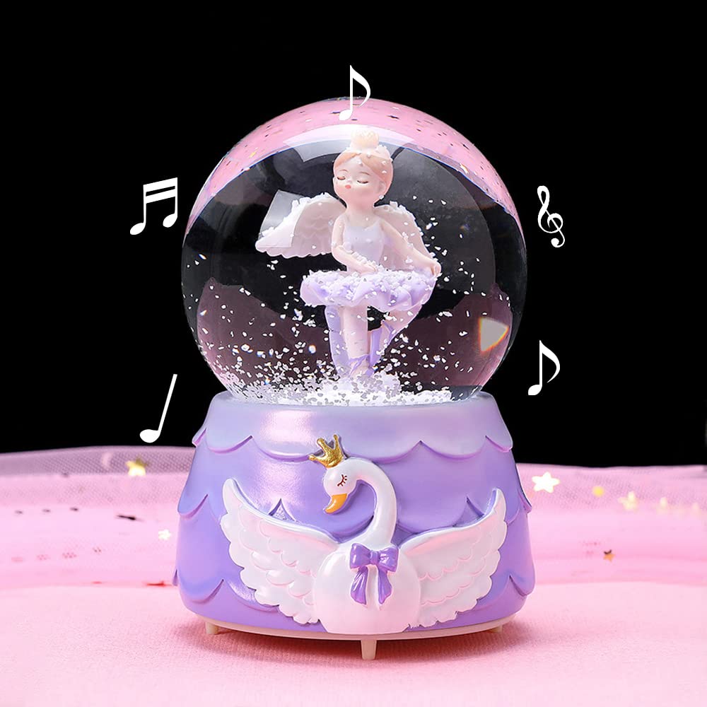 Ballerina Girl Swan Lake Musical Snow Globe, 80MM Glass Snowglobe Ballet Dancer Music Box with Colorful Lights for Girls Kids Daughter Granddaughter(Purple)