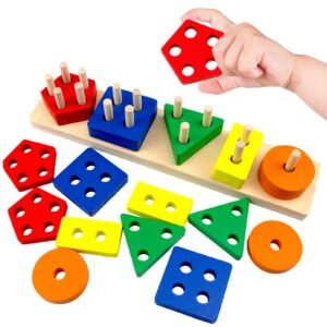 montessori toys for 18+ months,wooden sorting&stacking toys for toddlers&kids,educational toys,color recognition stack shape sorter,motor skill toy, learning puzzles gift for 1 2 3 year old boys girls