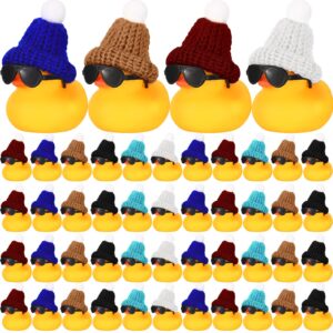 48 pcs mini rubber duck in bulk with 48 pcs sunglasses and 48 pcs knitting hats sets, duck bath rubber ducky bathtub toys for gift cruise birthday baby shower party