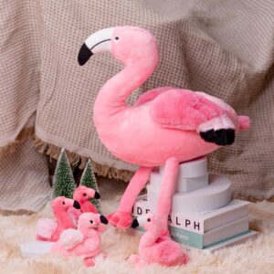 Qpewep 21Inch Flamingo Stuffed Animal Toys with 4 Babies Soft Plush Flamingo Inside Pink Plushie Machine Washable for Kids Birthday Toddlers Kids Zoo Flamingo Party Decor Easter Gift