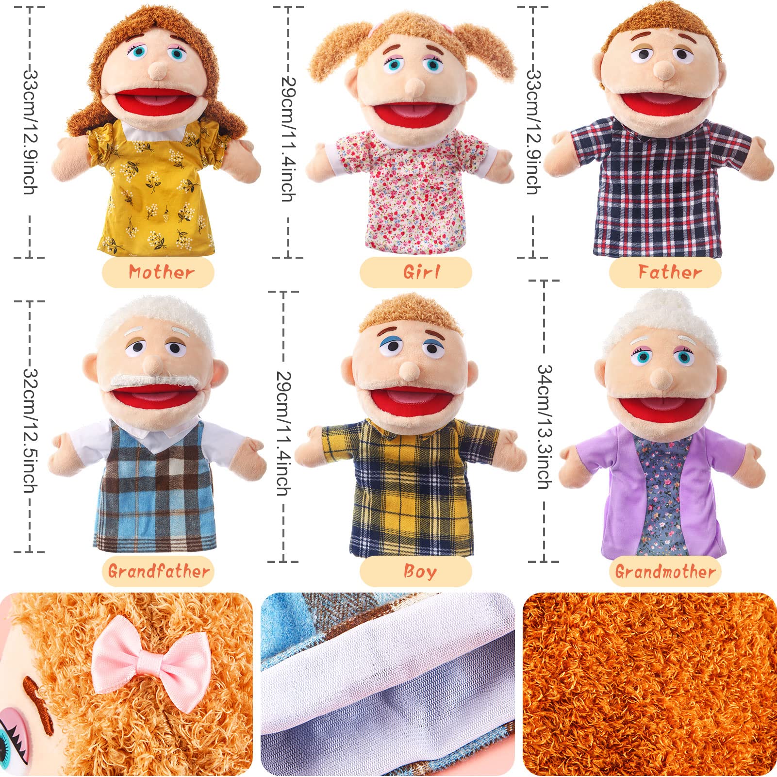 6 Pcs Family Hand Puppets 12 Inch Grandparents, Mom & Dad, Brother & Sister Plush Hand Puppet Toys Role-Play Toy Puppets for Kids Storytelling Imaginative Pretend Play Teaching Preschool(6 Family A)