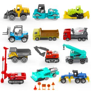 17 metal construction vehicles toys, small excavator wheels cars mini construction trucks toys for boys kids toddlers christmas stocking stuffers cake decorations party favors