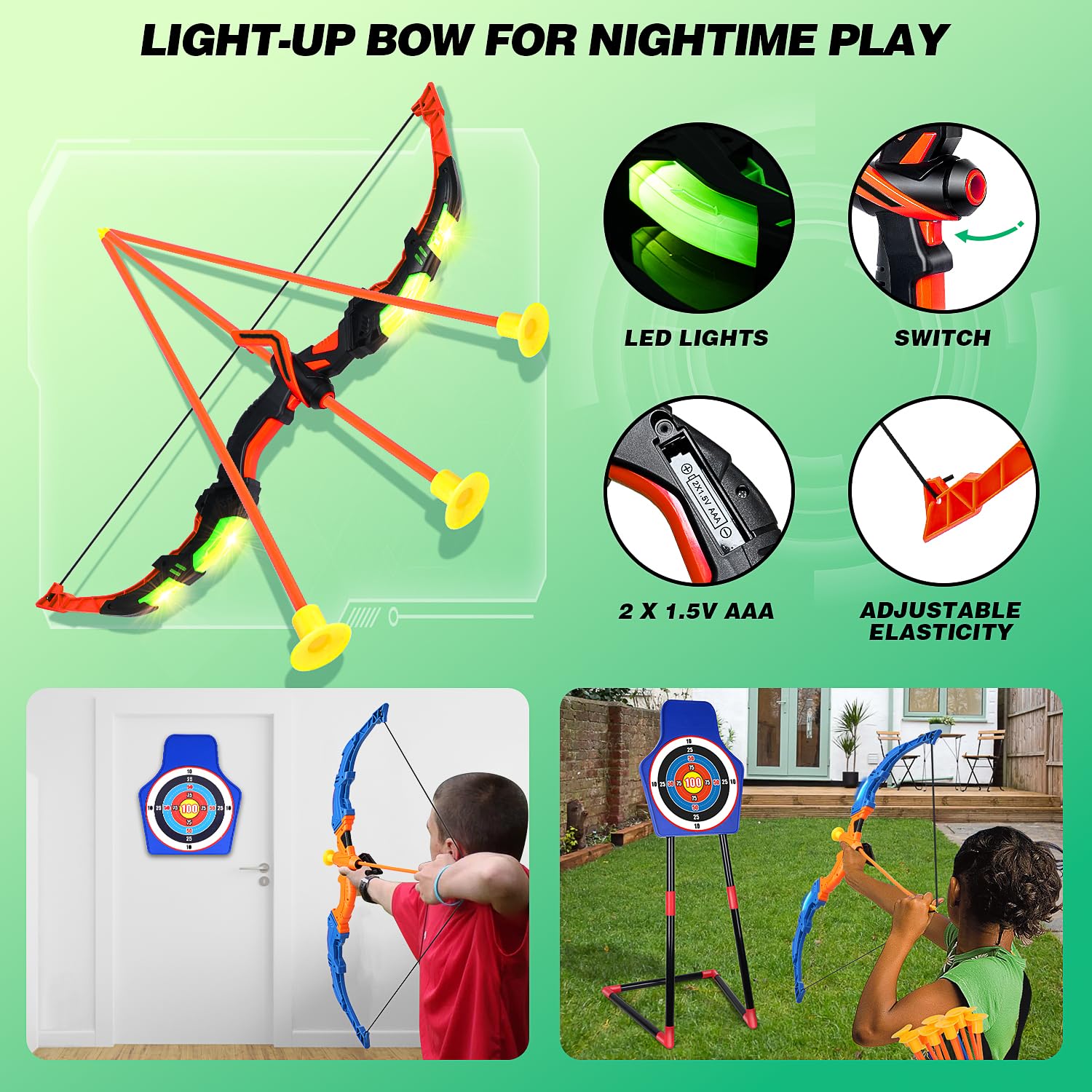 TOY Life 2 Pack Bow and Arrow for Kids 4-6 8-12, LED Kids Archery Set, Kids Bow and Arrow Set, Outdoor Games Outside Toys for Kids, Toys for Boys 5-7, Boys Toys Age 4-6, Birthday Gifts for Boys