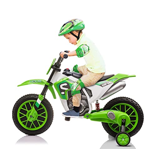 TOBBI Electric Motorcycle for Kids 12V Dirt Bike Ride on Toy Battery Powered Motorbike Off-Road Motocross Kid Motorized Vehicles w/ 2 Speeds, 35W Dual Motors, Training Wheels, Green