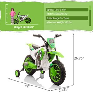 TOBBI Electric Motorcycle for Kids 12V Dirt Bike Ride on Toy Battery Powered Motorbike Off-Road Motocross Kid Motorized Vehicles w/ 2 Speeds, 35W Dual Motors, Training Wheels, Green