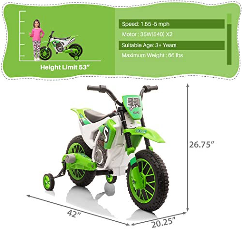 TOBBI Electric Motorcycle for Kids 12V Dirt Bike Ride on Toy Battery Powered Motorbike Off-Road Motocross Kid Motorized Vehicles w/ 2 Speeds, 35W Dual Motors, Training Wheels, Green