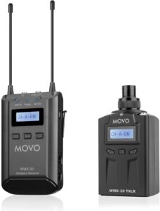 movo wmx-20-rx-txlr wireless microphone system with plug-on xlr transmitter adapter and portable receiver - converts self powered shotgun mics, lavs, dynamic microphones to wireless - for stage, film