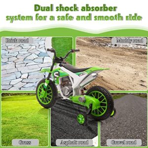 TOBBI Electric Motorcycle for Kids 12V Dirt Bike Ride on Toy Battery Powered Motorbike Off-Road Motocross Kid Motorized Vehicles w/ 2 Speeds, 35W Dual Motors, Training Wheels, Green