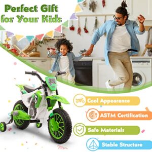 TOBBI Electric Motorcycle for Kids 12V Dirt Bike Ride on Toy Battery Powered Motorbike Off-Road Motocross Kid Motorized Vehicles w/ 2 Speeds, 35W Dual Motors, Training Wheels, Green