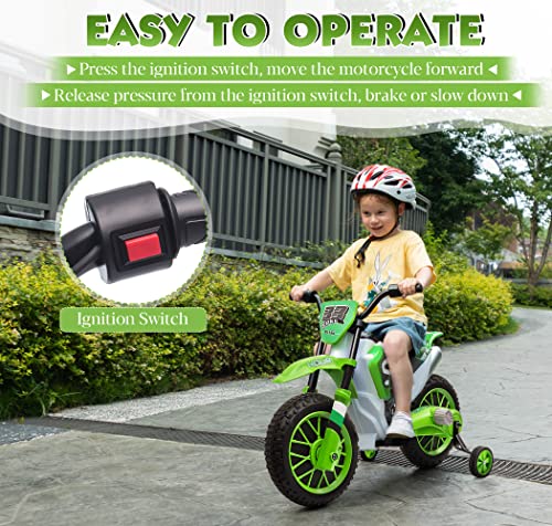 TOBBI Electric Motorcycle for Kids 12V Dirt Bike Ride on Toy Battery Powered Motorbike Off-Road Motocross Kid Motorized Vehicles w/ 2 Speeds, 35W Dual Motors, Training Wheels, Green