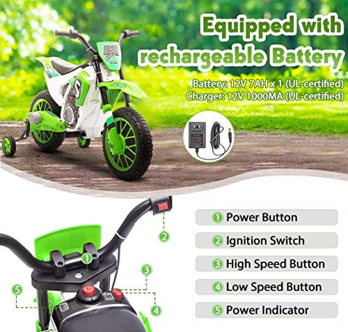 TOBBI Electric Motorcycle for Kids 12V Dirt Bike Ride on Toy Battery Powered Motorbike Off-Road Motocross Kid Motorized Vehicles w/ 2 Speeds, 35W Dual Motors, Training Wheels, Green