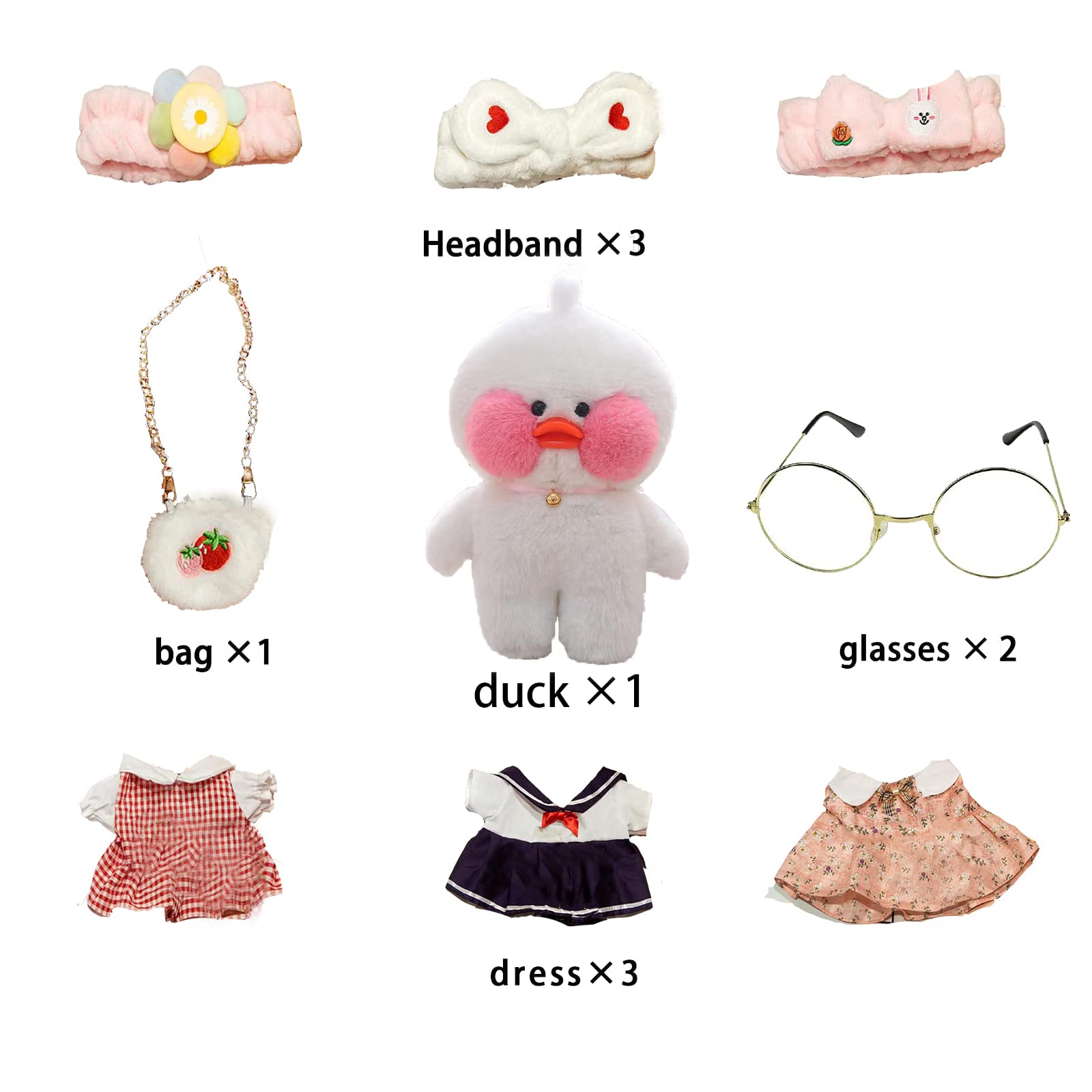 Duck Stuffed Animal Toy with 9 Outfits and Accessories to Match DIY Dress Up Clothes for Duck Plush Toy for Kids（12inch） (1White Duck)