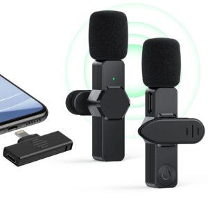 auxco 2 pack iphone wireless microphones, plug-play wireless lavalier microphone for video recording tiktok youtube interview live stream - 3 levels noise reduction, no app & bluetooth needed