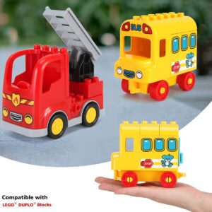 Liberty Imports 4-Pack City Vehicles Transportation Set, Big Building Blocks Compatible with Lego DUPLO - Includes Police Car, Fire Truck, School Bus, Motorcycle Toys for Kids, Toddlers