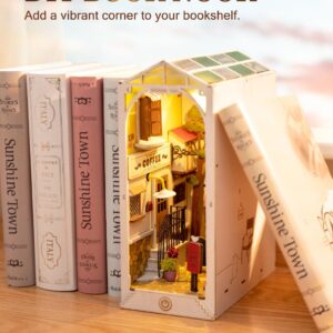 Rolife DIY Book Nook Kit 3D Wooden Puzzle for Adults 9.5" Bookshelf Indert Decor with LED Miniature Dollhouse Kit Bookend Crafts Diorama Hobbies Gifts for Boys Girls (Sunshine Town)