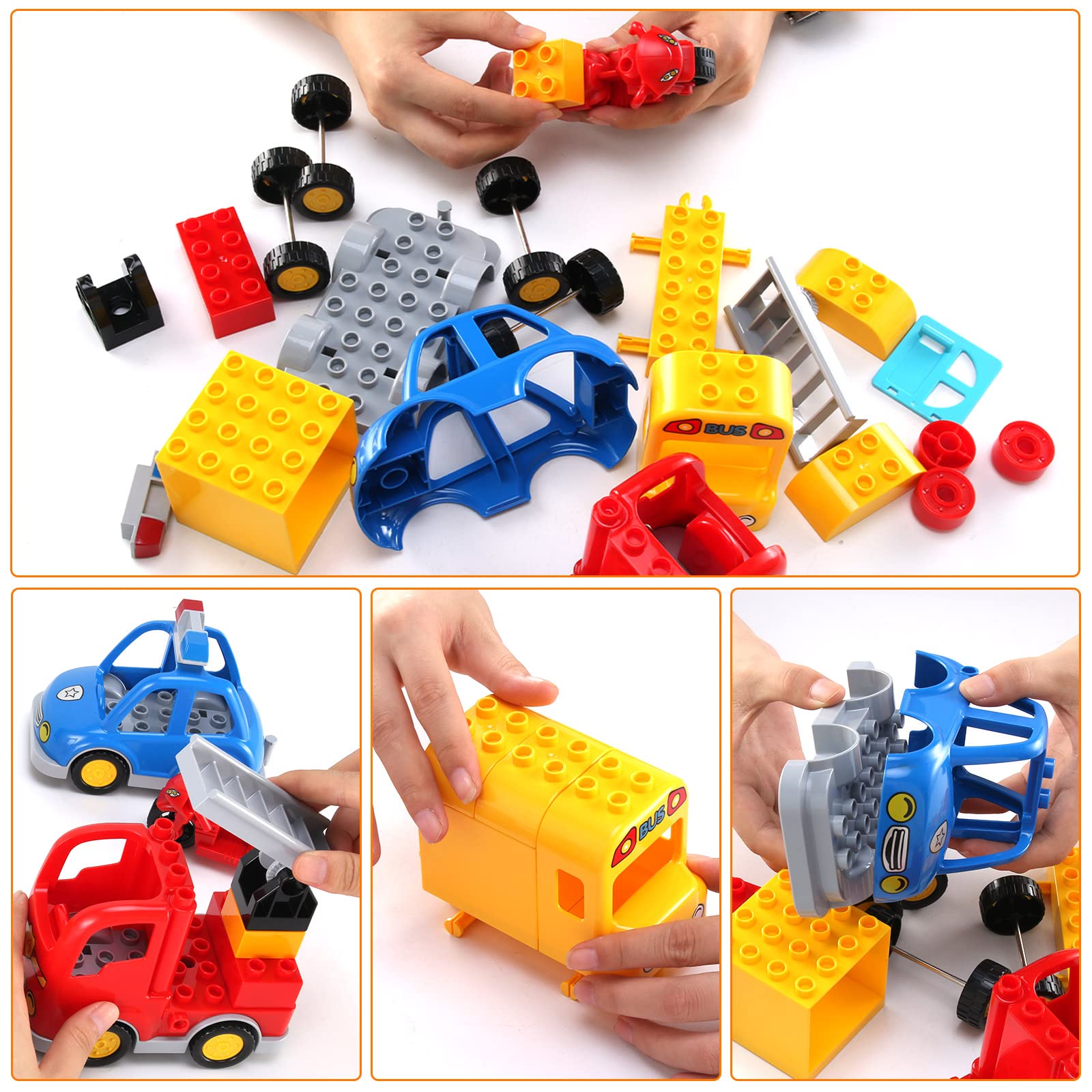 Liberty Imports 4-Pack City Vehicles Transportation Set, Big Building Blocks Compatible with Lego DUPLO - Includes Police Car, Fire Truck, School Bus, Motorcycle Toys for Kids, Toddlers