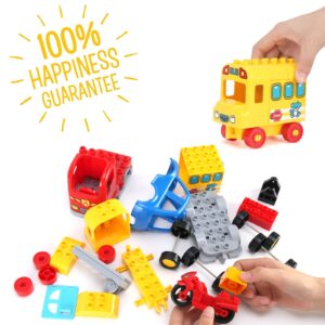 Liberty Imports 4-Pack City Vehicles Transportation Set, Big Building Blocks Compatible with Lego DUPLO - Includes Police Car, Fire Truck, School Bus, Motorcycle Toys for Kids, Toddlers