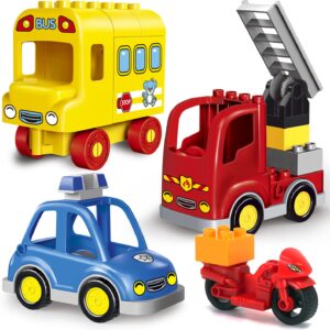 Liberty Imports 4-Pack City Vehicles Transportation Set, Big Building Blocks Compatible with Lego DUPLO - Includes Police Car, Fire Truck, School Bus, Motorcycle Toys for Kids, Toddlers