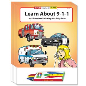 ZOCO - Emergency and Learn about 911 - Educational Coloring Books (50 Bulk Pack, With Crayons) - Police Handouts for Kids - Community Relations - Games, Puzzles, Activities