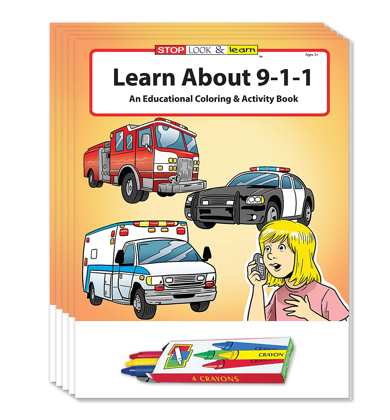 ZOCO - Emergency and Learn about 911 - Educational Coloring Books (50 Bulk Pack, With Crayons) - Police Handouts for Kids - Community Relations - Games, Puzzles, Activities