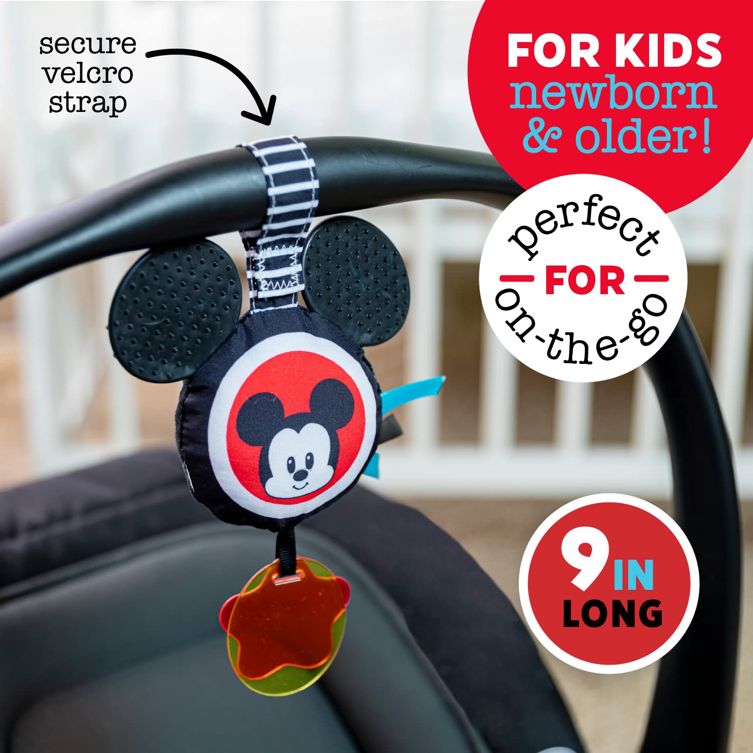 KIDS PREFERRED Disney Baby Mickey Mouse Hanging Toy, Black and White High Contrast Crinkle Plush, Boys and Girls Ages 0+, Stroller On The Go Activity Toy (81246)