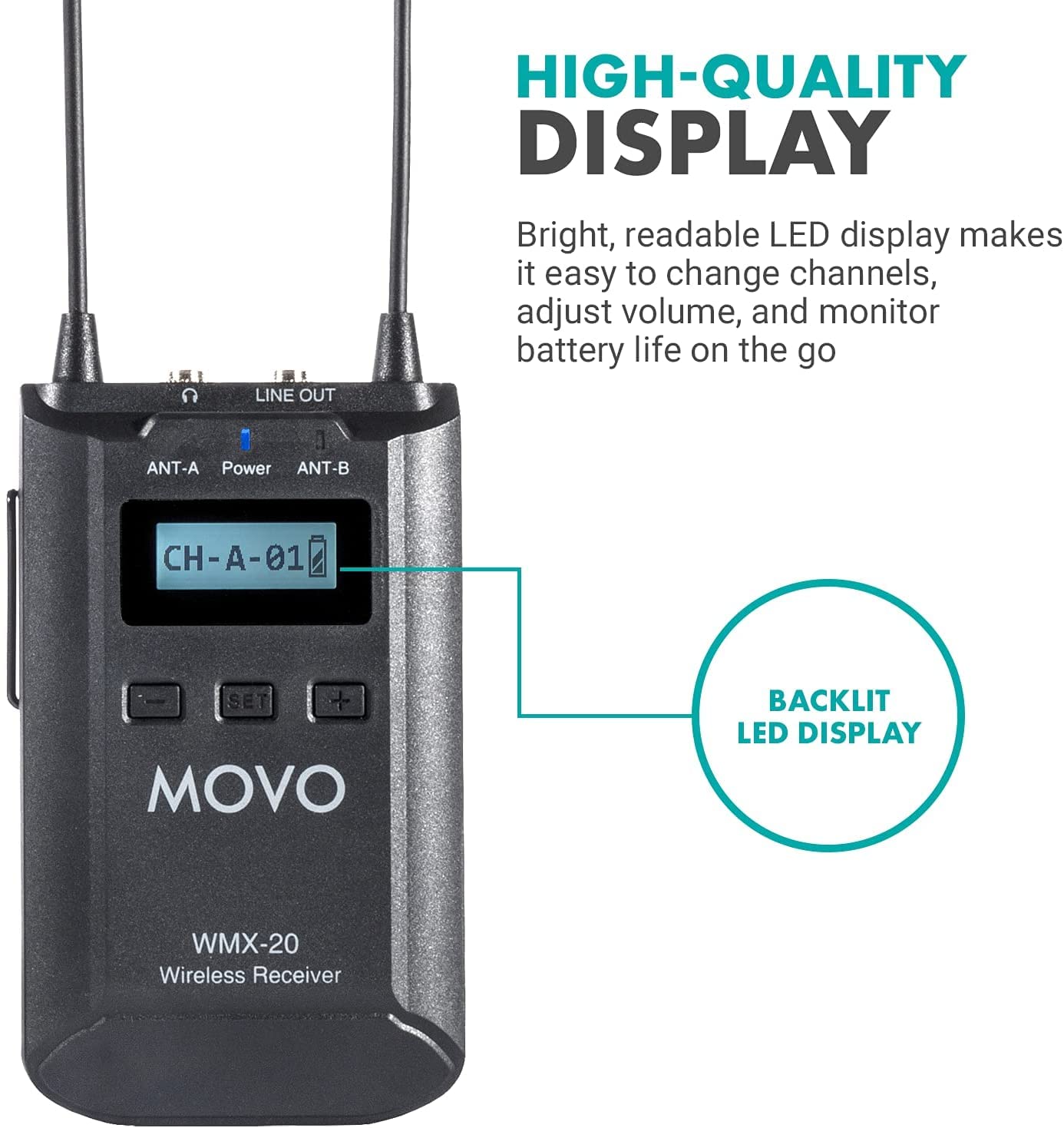 Movo WMX-20-RX-TXLR Wireless Microphone System with Plug-on XLR Transmitter Adapter and Portable Receiver - Converts Self Powered Shotgun Mics, Lavs, Dynamic Microphones to Wireless - for Stage, Film