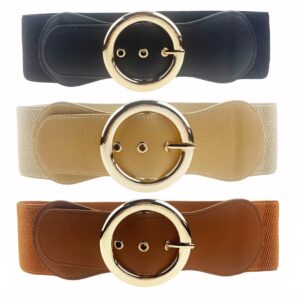 swtddy 3 pack women's vintage wide elastic stretch waist belt waistband (round golden buckle black+khaki+camel, suit for waist size 27"-35")