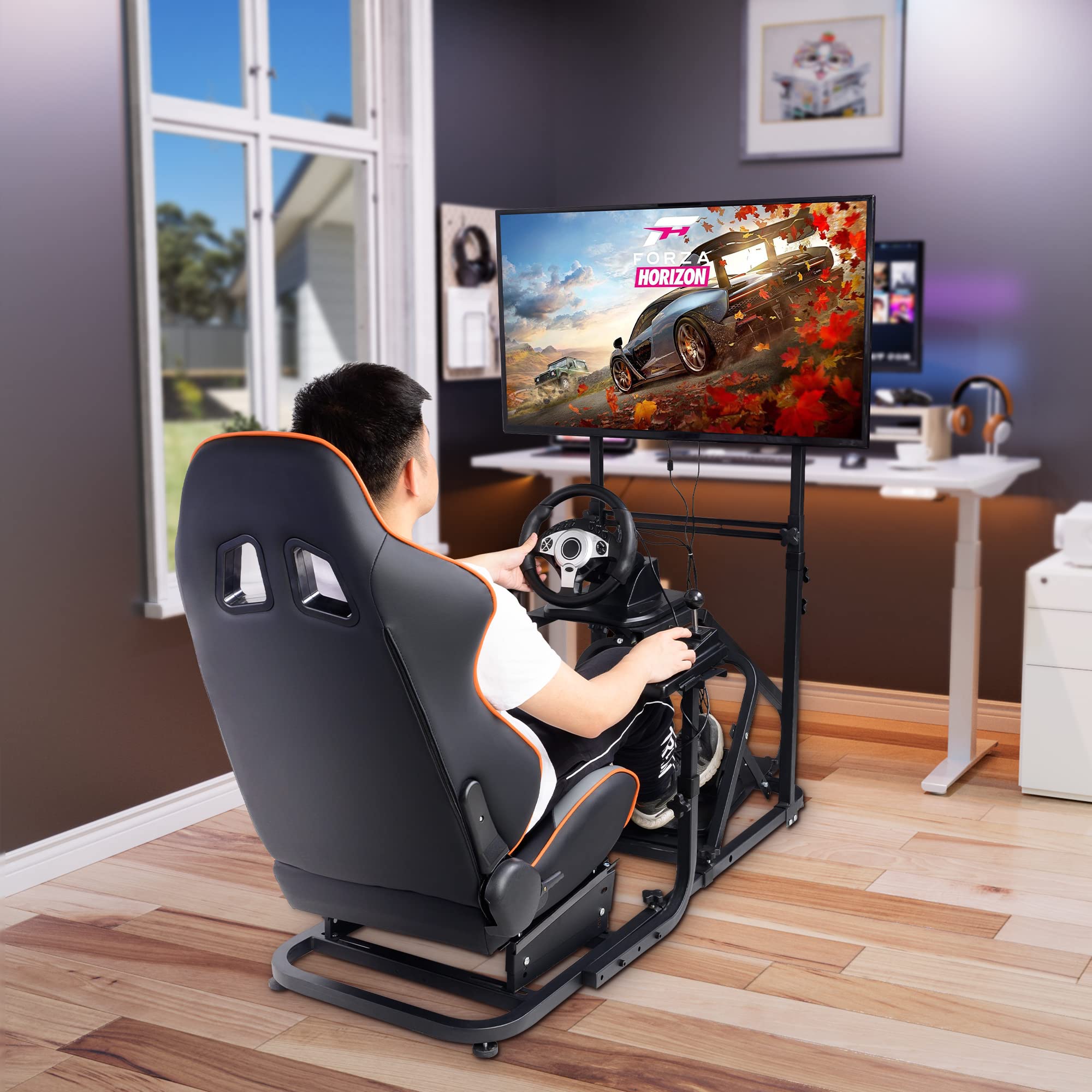 OUYESSIR Racing Simulator Cockpit with Racing Seat and TV Stand, Adjustable Steering Wheel Stand for Logitech G25|G27|G29 |G920 | Thrustmaster | Compatible with Xbox One, PS4, PC Platforms