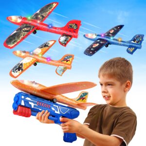 3 pack foam airplane launcher toy with 3 diy stickers, 12.6" glider led plane, catapult plane boy toys, outdoor sport flying toys for kids birthday gifts for 4 5 6 7 8 9 10 11 12 year old boys girls